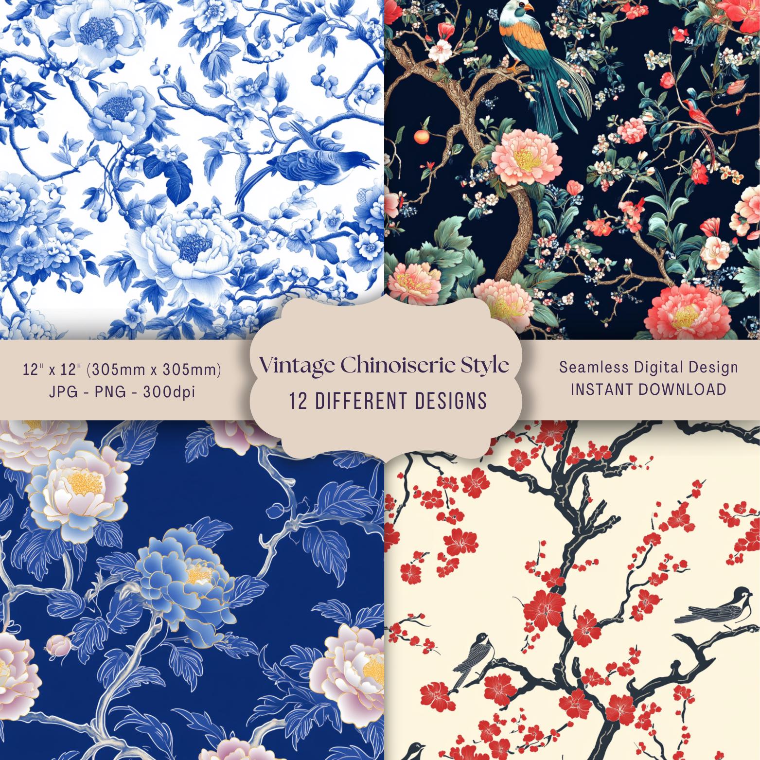 Vintage Chinoiserie Digital Paper Set, Elegant Floral Scrapbook Paper ...