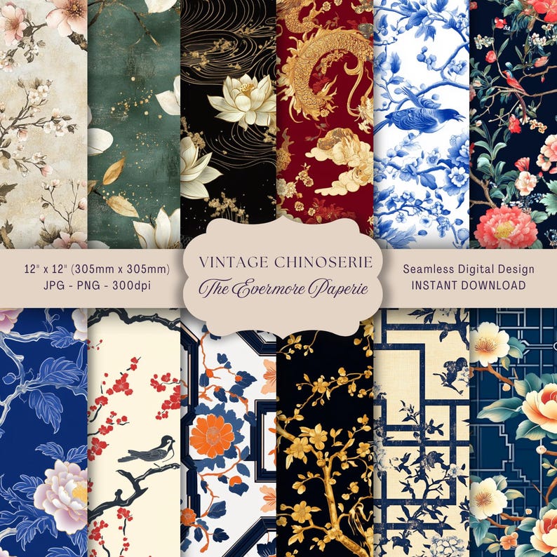 Vintage Chinoiserie Digital Paper Set, Elegant Floral Scrapbook Paper ...