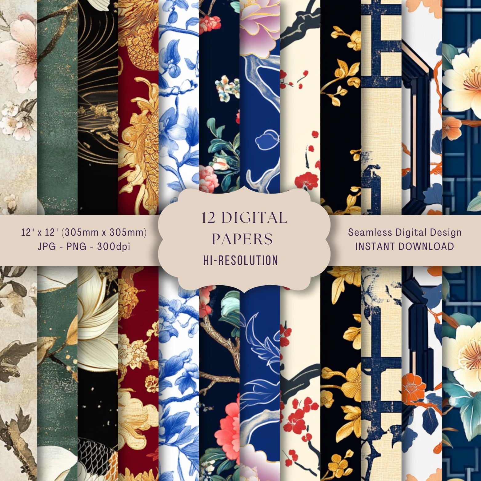 Vintage Chinoiserie Digital Paper Set, Elegant Floral Scrapbook Paper ...