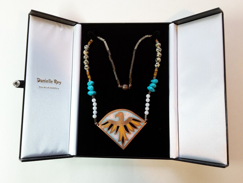 Thunderbird Champleve Copper Enamel Pendant on Gemstone Bead Necklace ...