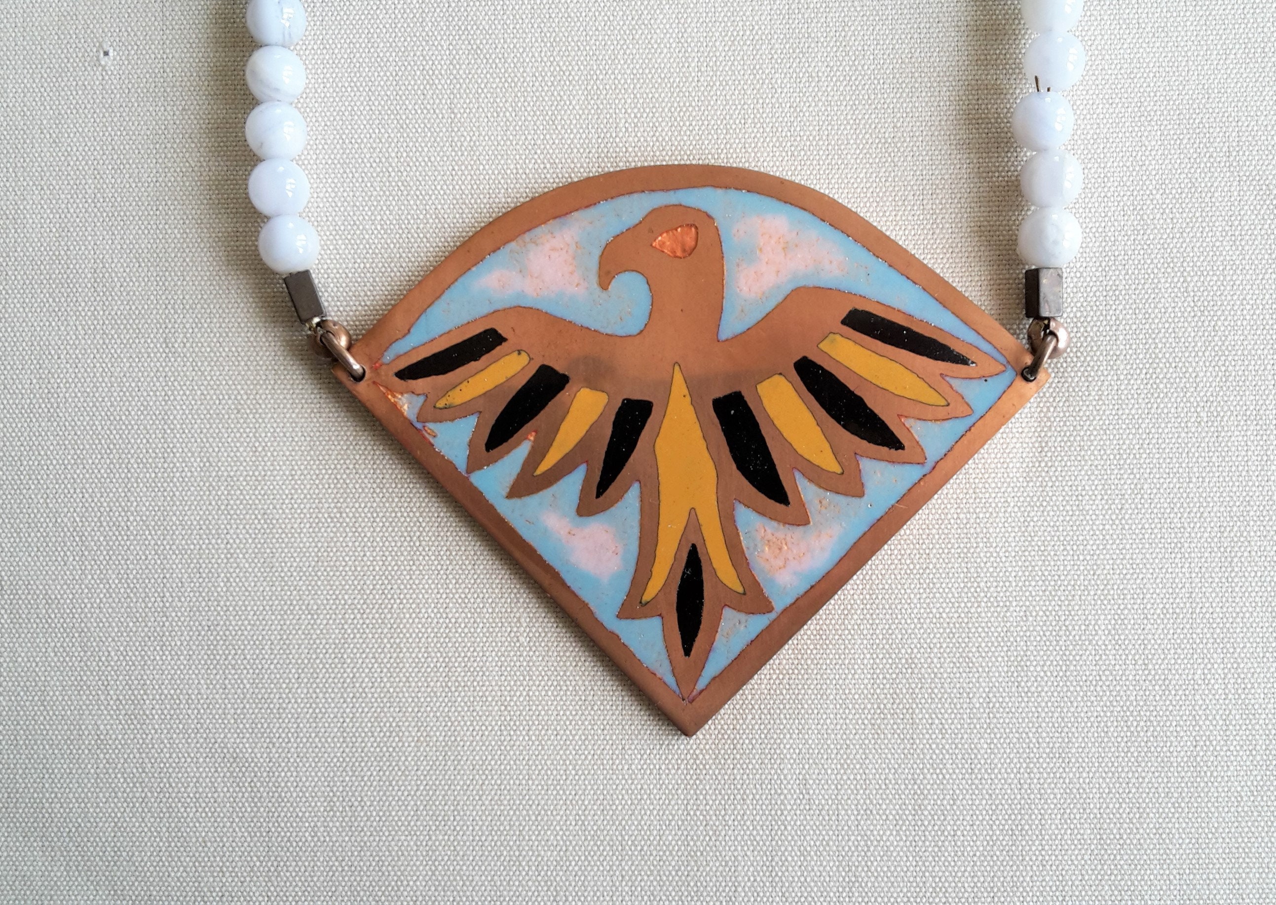 Thunderbird Champleve Copper Enamel Pendant on Gemstone Bead Necklace ...