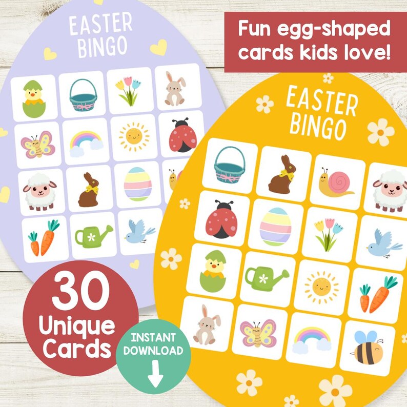 Printable Easter Bingo Game for Kids | 30 Colorful Egg-shaped Cards ...