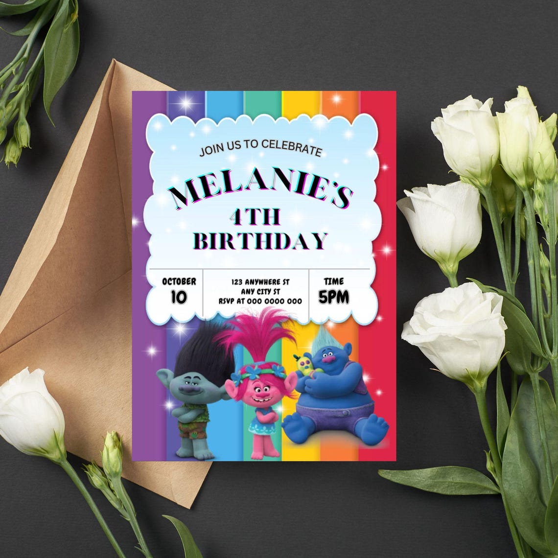 Editable Troll Birthday Invitation Template / Editable Troll Birthday ...