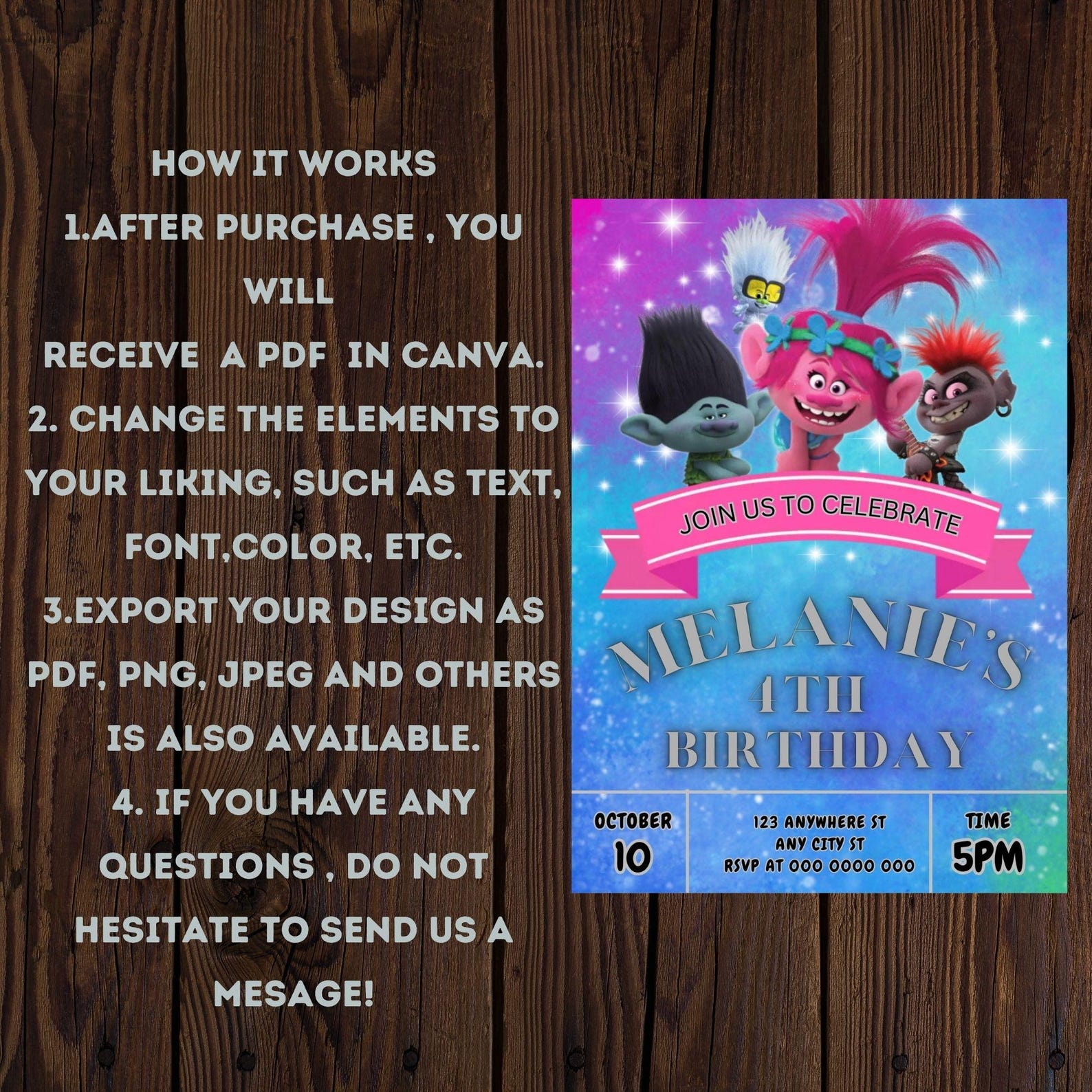 Editable Troll Birthday Invitation Template / Editable Troll Birthday ...