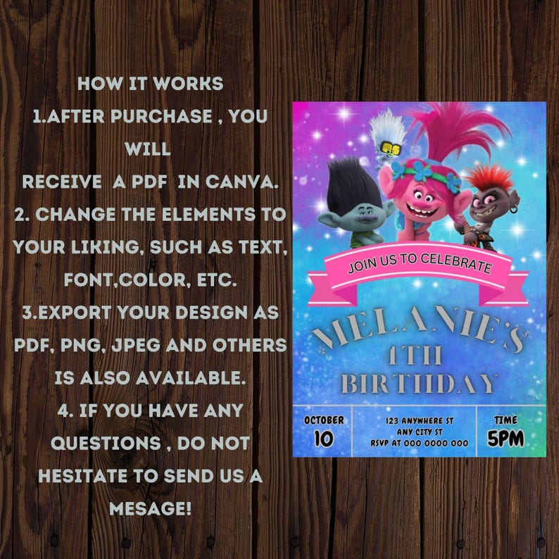 Editable Troll Birthday Invitation Template / Editable Troll Birthday ...