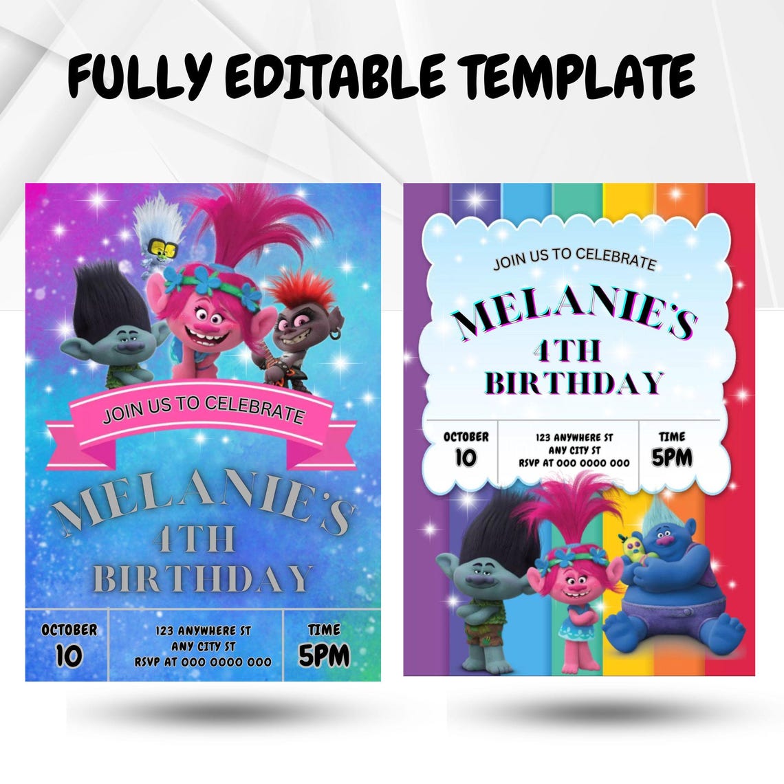 Editable Troll Birthday Invitation Template / Editable Troll Birthday ...