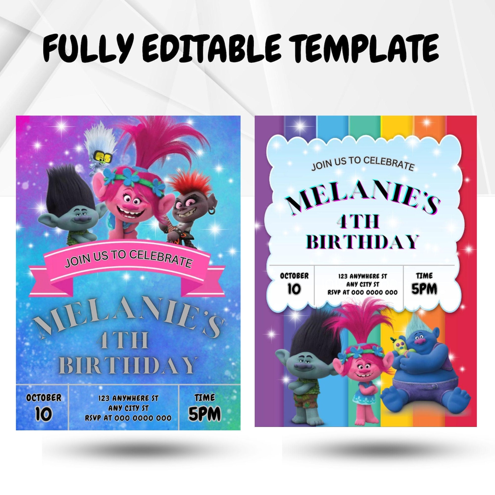 Editable Troll Birthday Invitation Template / Editable Troll Birthday ...