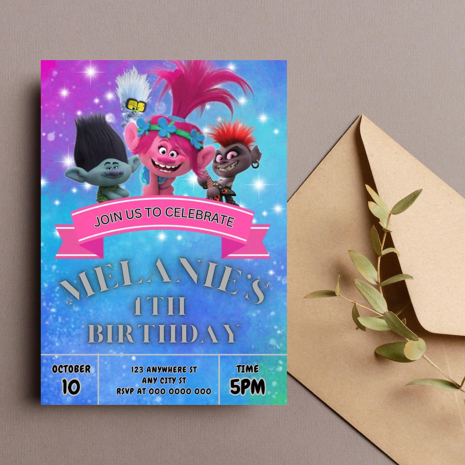 Editable Troll Birthday Invitation Template / Editable Troll Birthday ...