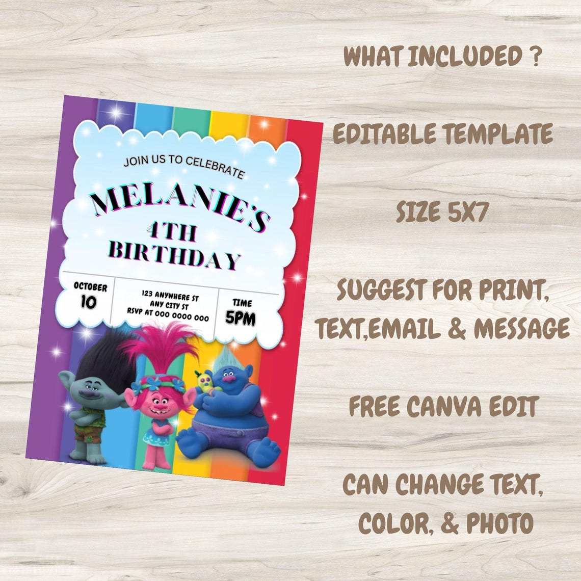 Editable Troll Birthday Invitation Template / Editable Troll Birthday ...