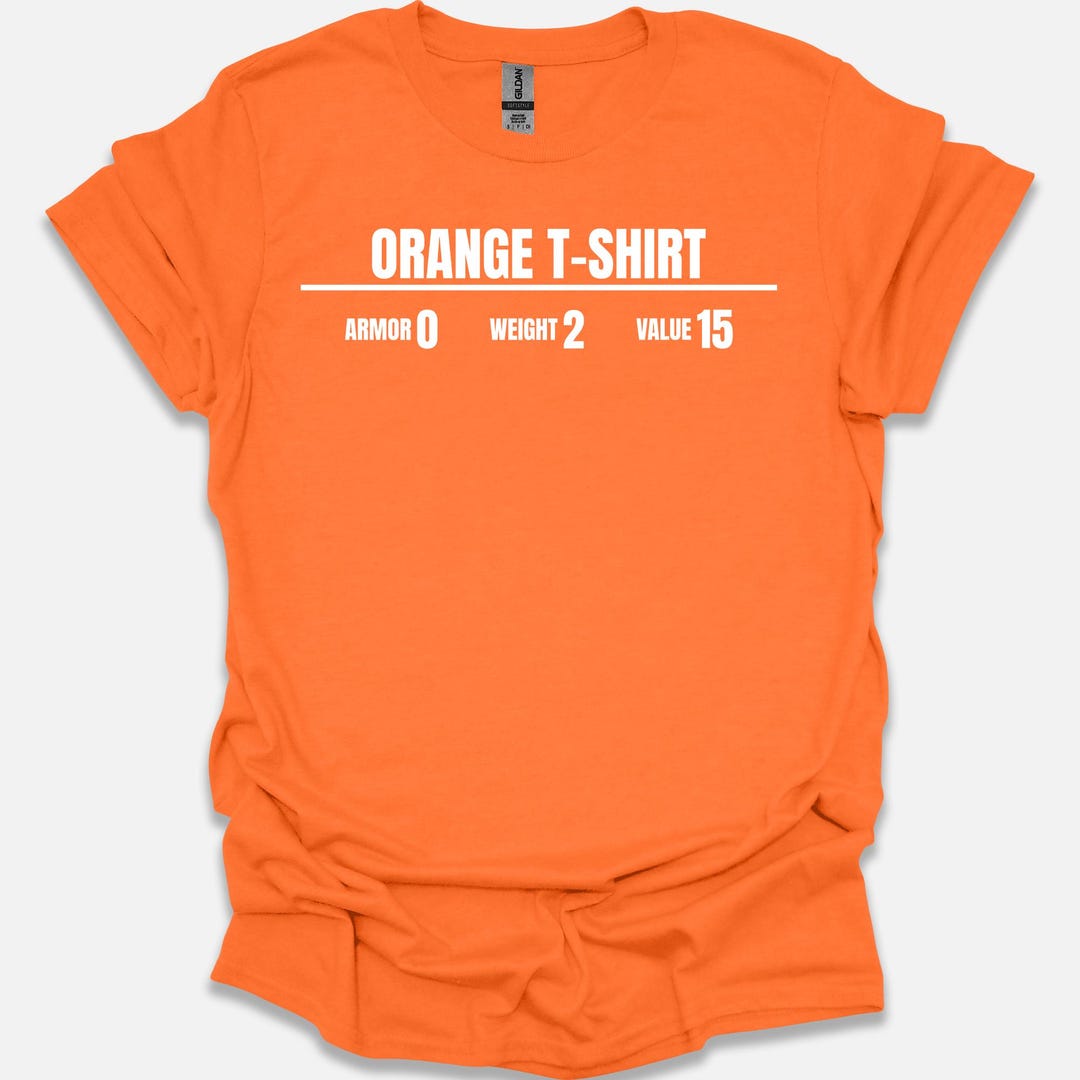 Orange T-shirt RPG Stats Shirt for Gamers Funny Armor Weight Value ...