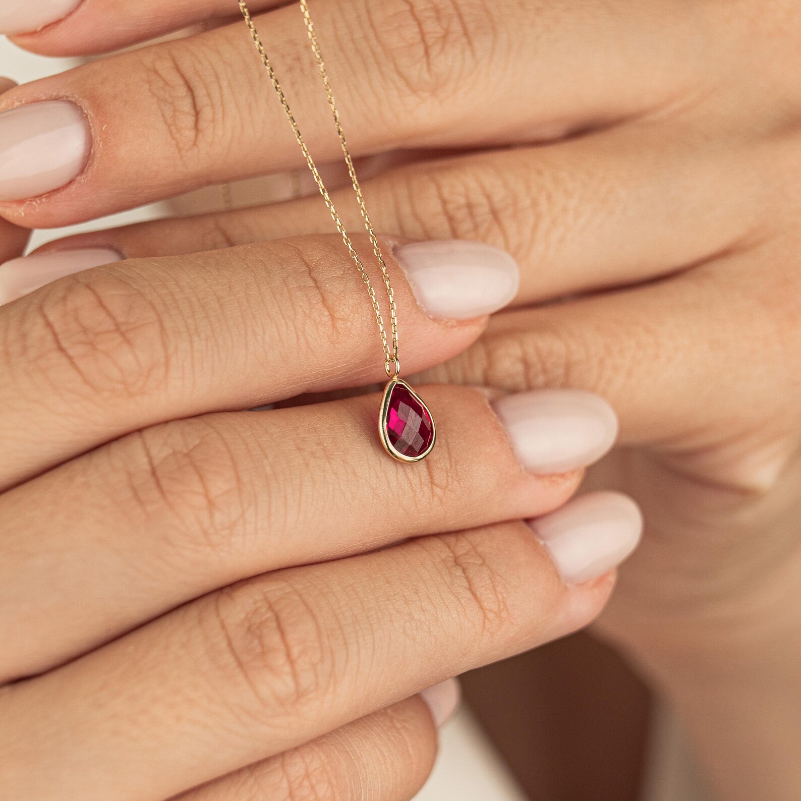 14k Solid Gold Ruby Necklace – Dainty Teardrop Pendant, Minimalist July ...