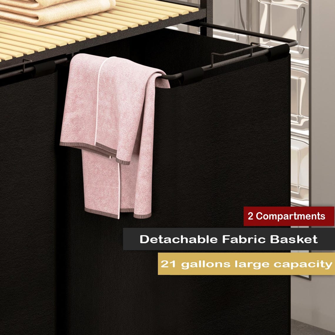 Black 2-compartment Laundry Basket With Shelf: Metal Frame, 123-liter ...