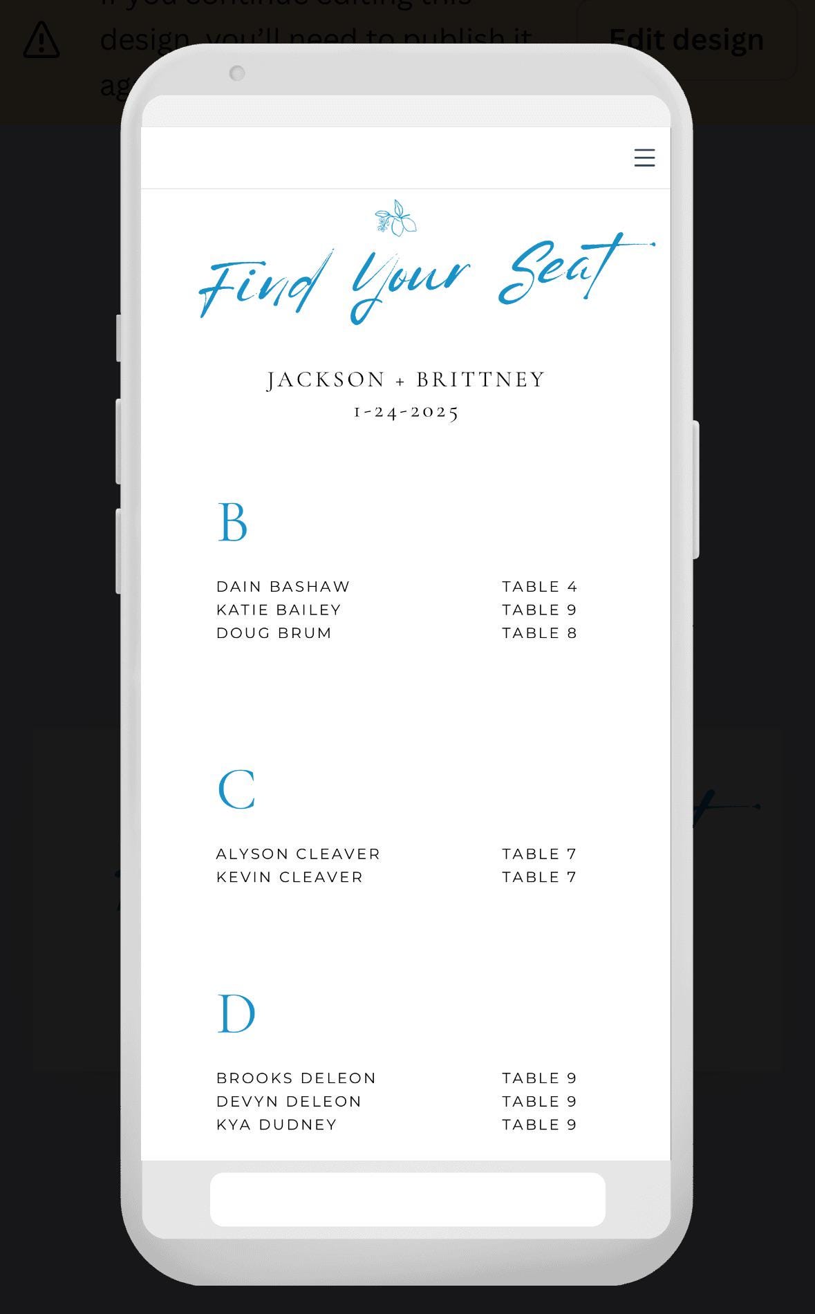 Digital Seating Chart With QR Code Sign Template, Wedding Alphabetical ...
