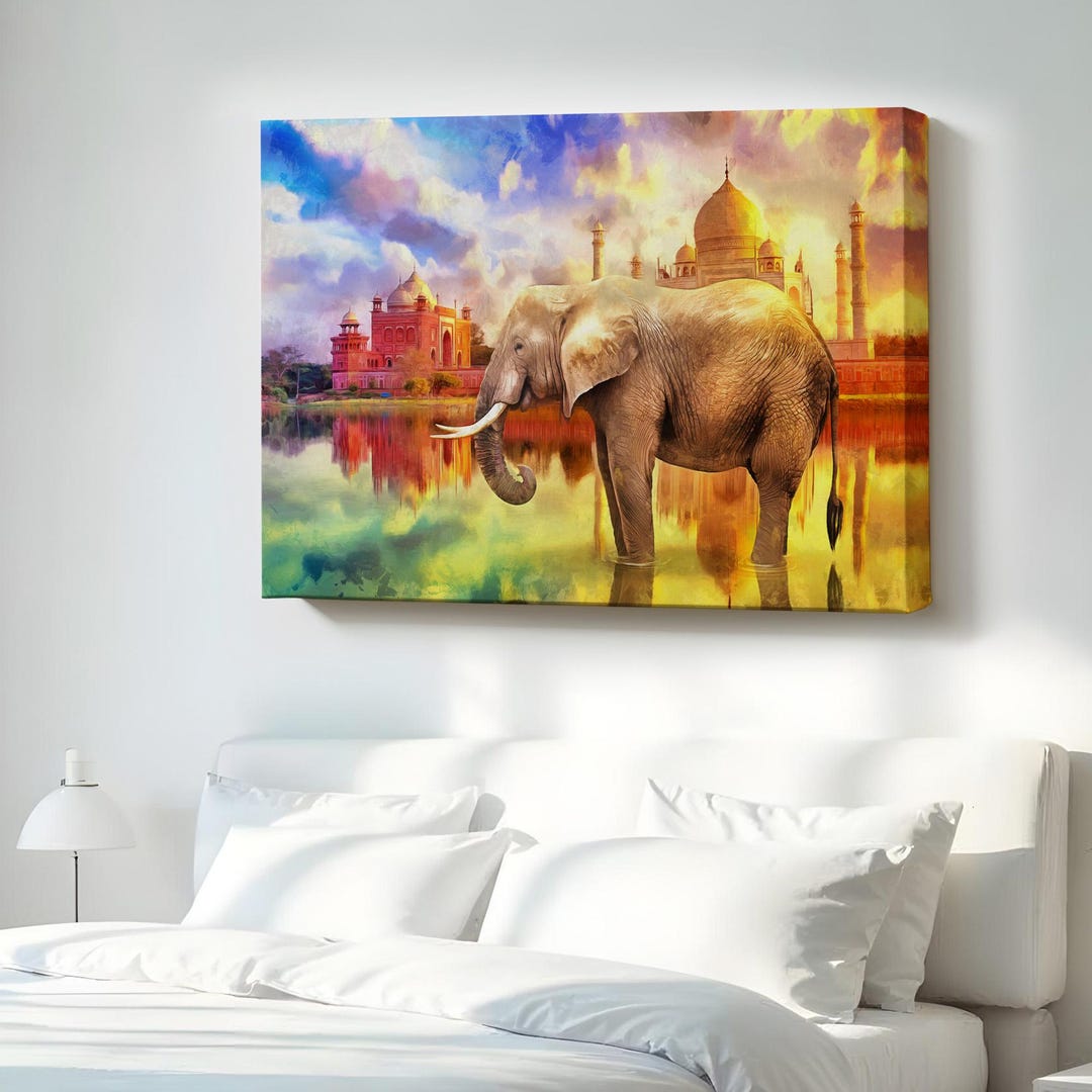 Elephant and Taj Mahal Landscape Oil Painting Look Decorative Canvas ...