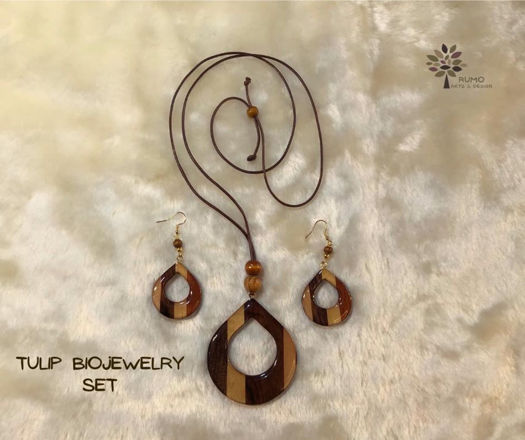Tulip Wood Bio Jewelry Set — Handmade Marquetry Necklace and Earrings ...
