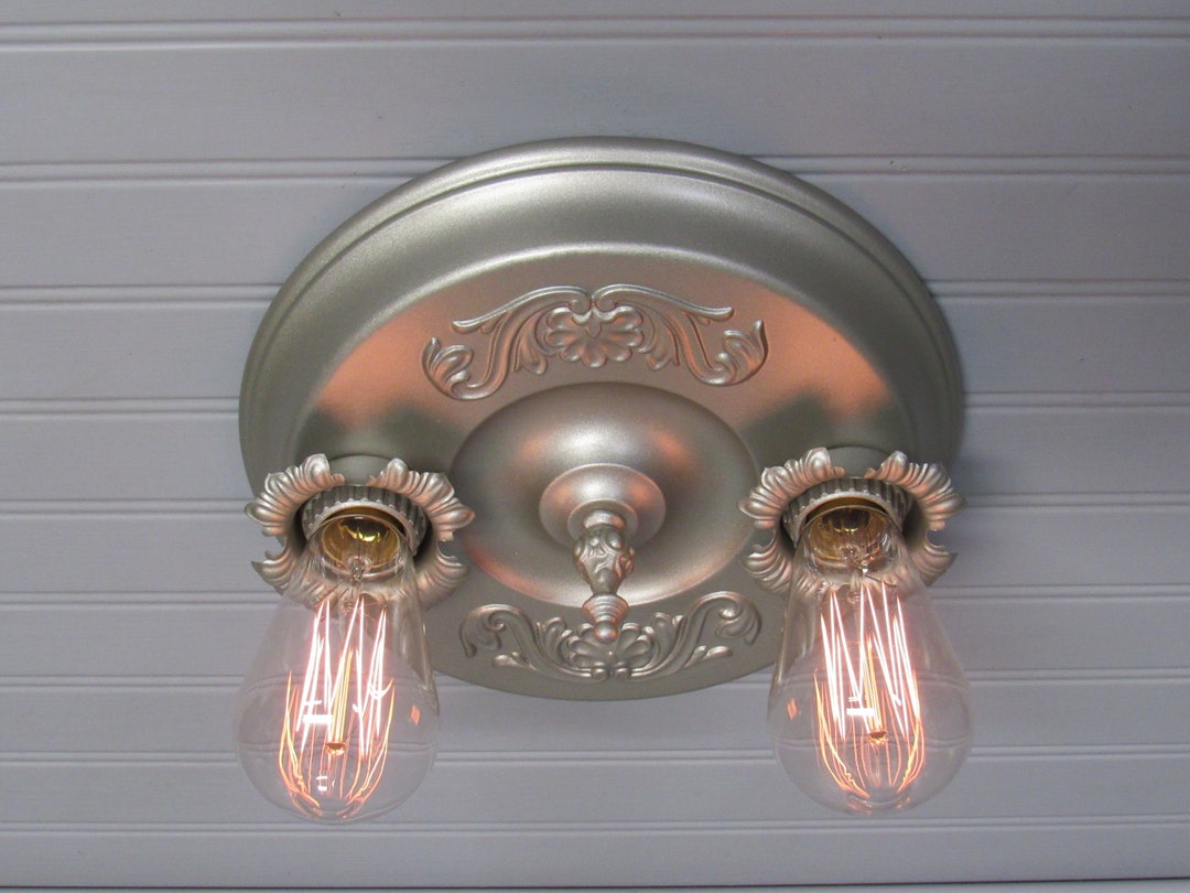Vintage 1920's Art Deco Flush Mount Ceiling Light Satin Nickel Two ...
