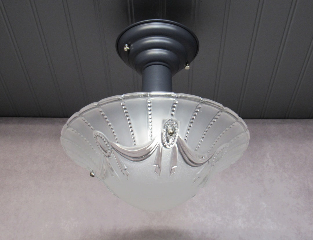 1930's Art Deco Semi Flush Mount Ceiling Light Three Chain Light Glass ...