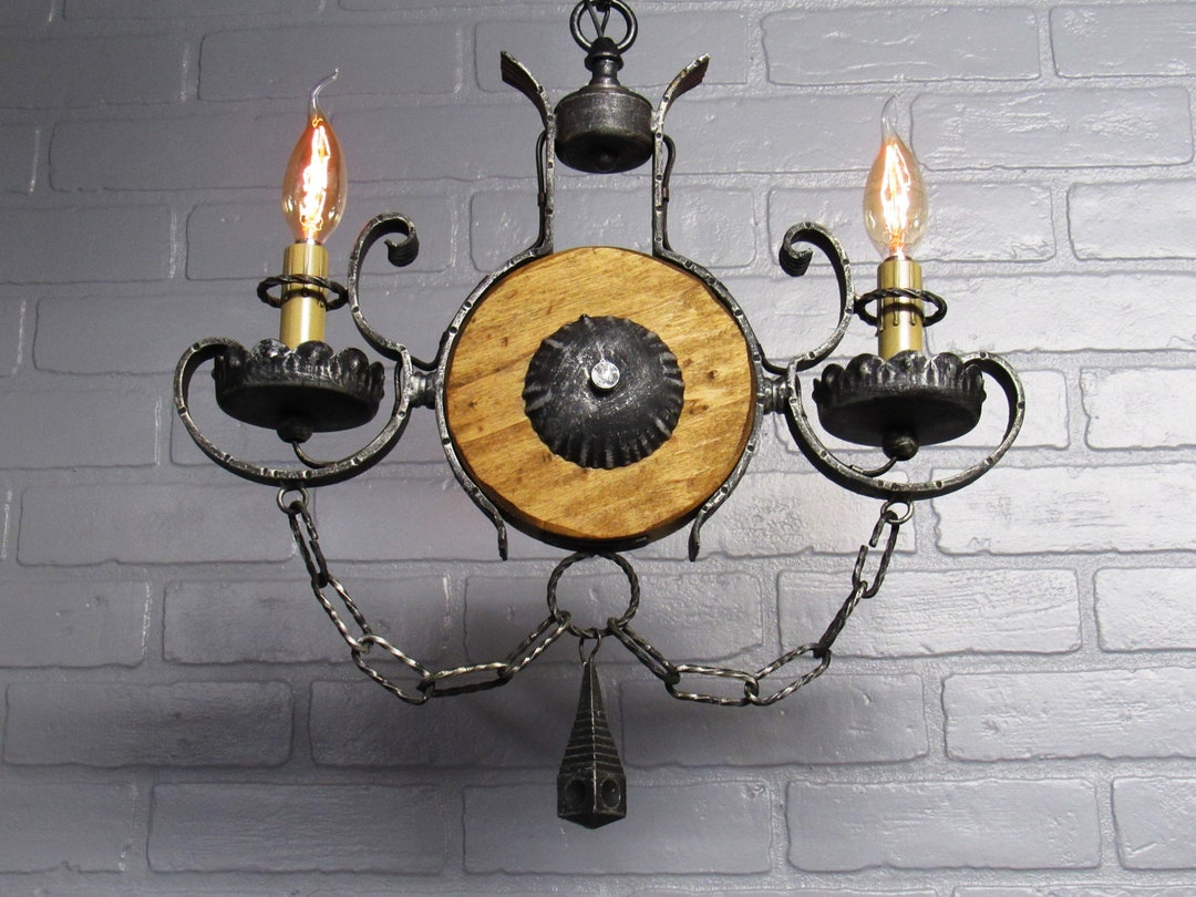 Vintage Spanish Revival Wrought Iron Ceiling Light, Wood Chandelier 29 ...