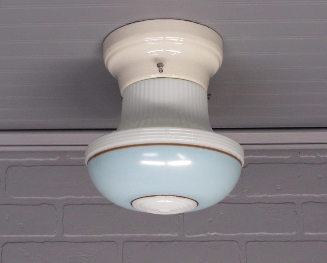 1930's Art Deco Retro Flush Mount Ceiling Light Fixture White Porcelain ...