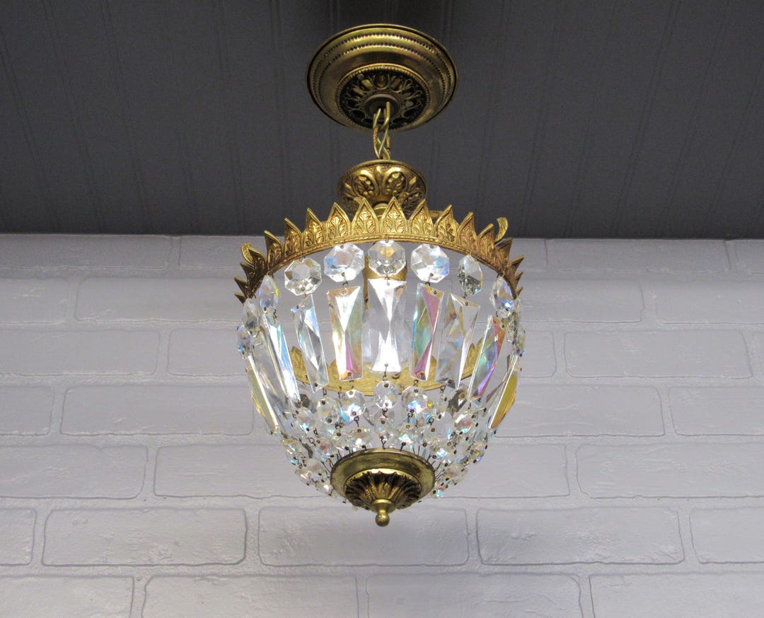 Vintage Crystal Bowl Chandelier 1940's Crystal Chains Basket Ceiling ...