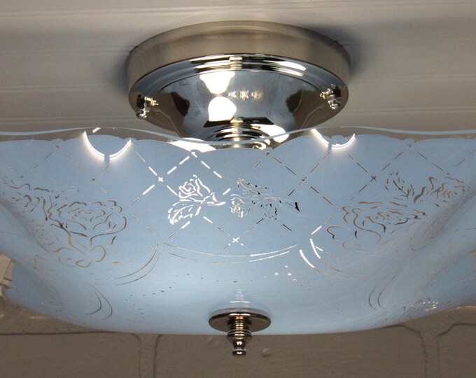Vintage Art Deco Semi Flush Mount Ceiling Light, Blue Light Fixture, 6 ...