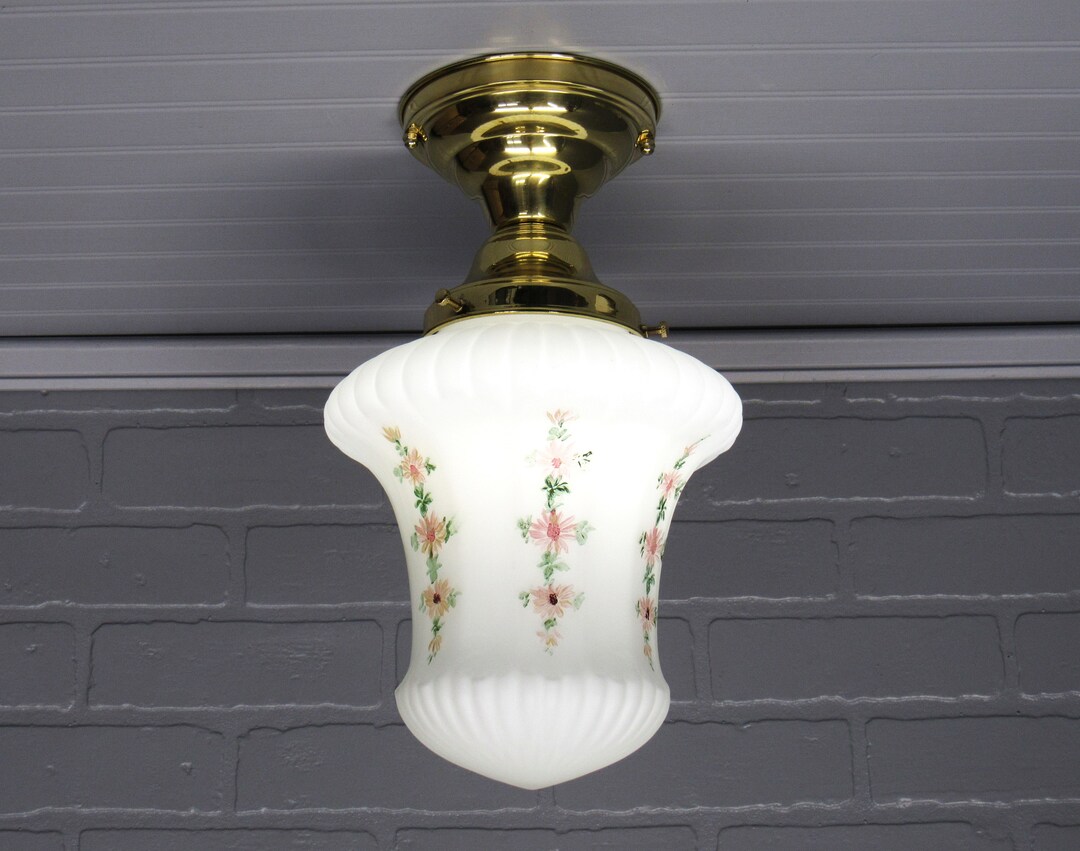 Vintage Art Deco Semi Flush Mount Ceiling Light With Hand Painted Milk ...