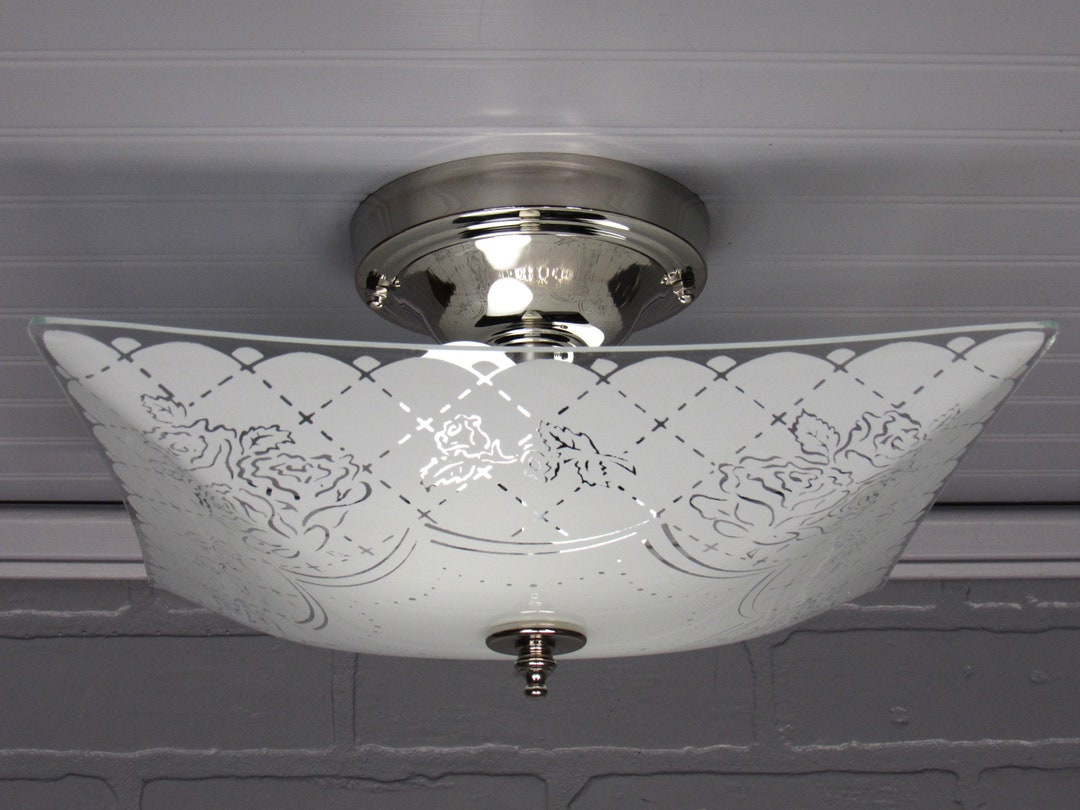 Vintage 1960's Retro Semi Flush Mount Ceiling Light Glass White Floral ...