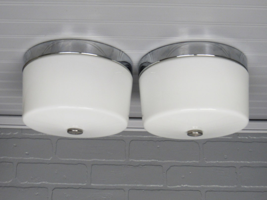 PAIR Vintage Retro MCM Semi Flush Mount Ceiling Lights Chrome White ...