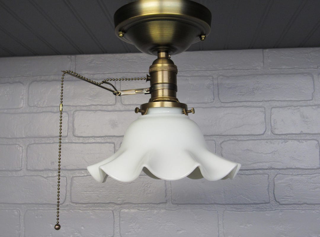 Early Electric Style Pull Chain Light Semi Flush Mount Antique Brass ...
