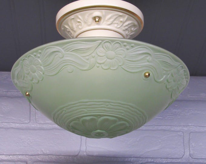Vintage Art Deco Semi Flush Mount Ceiling Light Fixture Porcelain Green ...