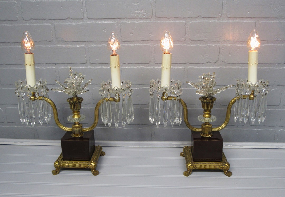 PAIR Art Deco Candelabras Brass With Crystals Mantle Lusters 13 1/4 ...