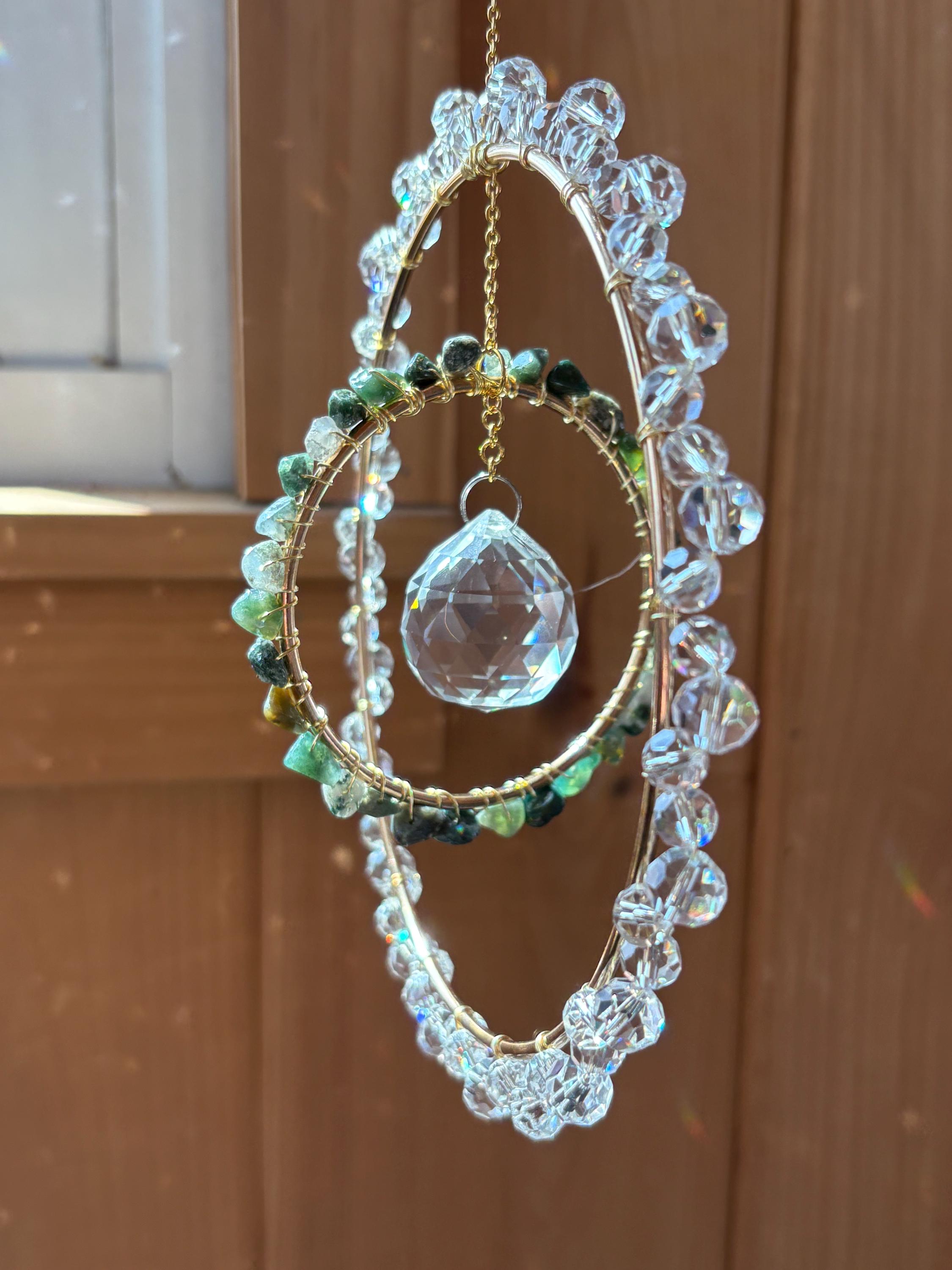 Moss Agate Suncatcher: Beaded Crystal Prism, Cottagecore Decor - Etsy