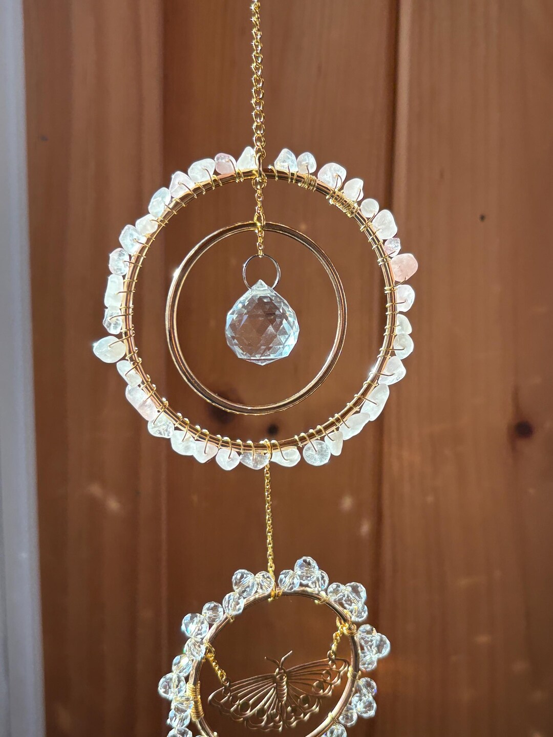 Rose Quartz and Moth Glass Suncatcher: Beaded Gemstone Window Prism - Etsy