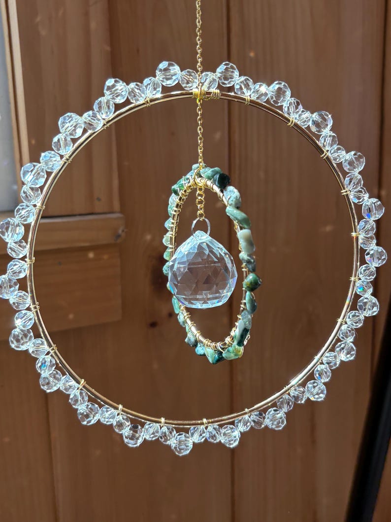 Moss Agate Suncatcher: Beaded Crystal Prism, Cottagecore Decor - Etsy