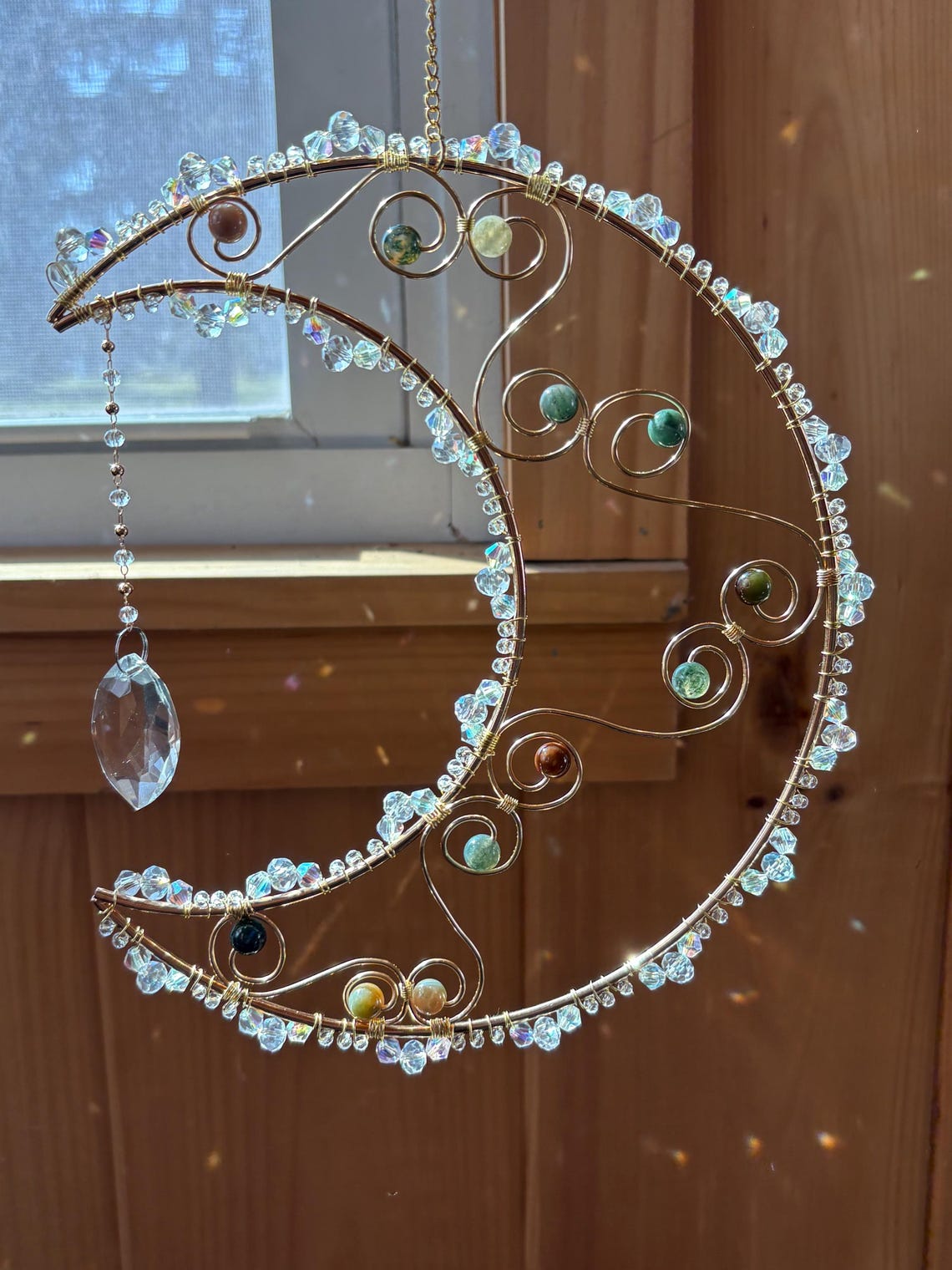 Indian Agate Moon Suncatcher: Beaded Witchy Window Decor, Cottage Core ...
