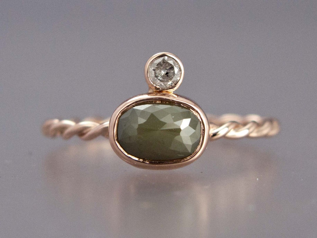 Rose Gold Diamond Engagement Ring - Olive Green Rose Cut Oval Diamond ...