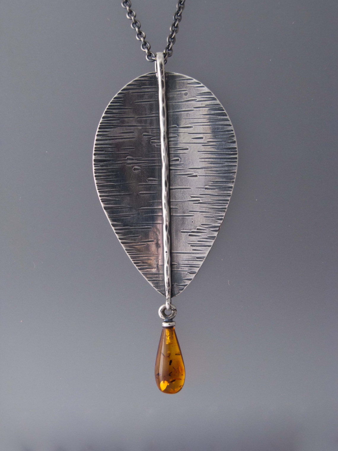 Large Sterling Silver Leaf Pendant Necklace with Amber Drop | Etsy