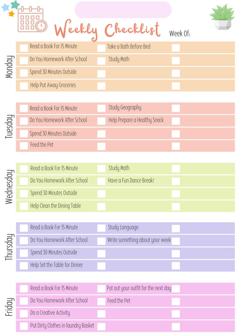 Editable Weekly Checklist, Weekly Planner for Kids, Weekly Organizer ...