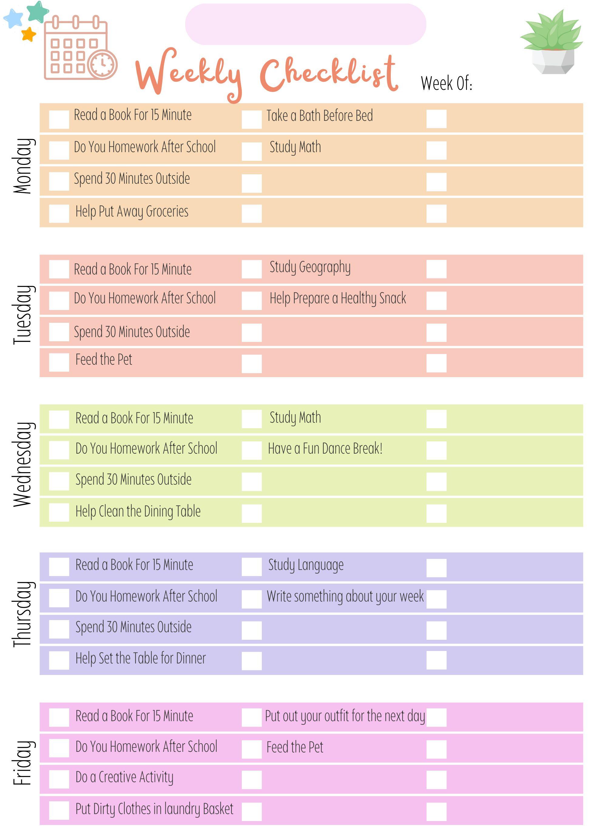 Editable Weekly Checklist, Weekly Planner for Kids, Weekly Organizer ...