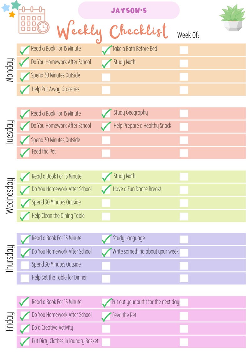 Editable Weekly Checklist, Weekly Planner for Kids, Weekly Organizer ...