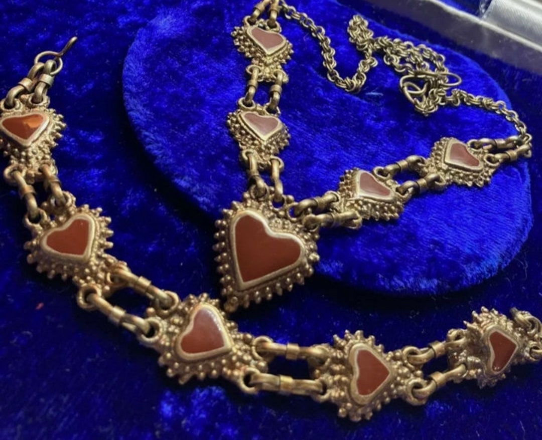 Antique Pinchbeck Enamel Heart Necklace Bracelet Set: Victorian Jewelry ...
