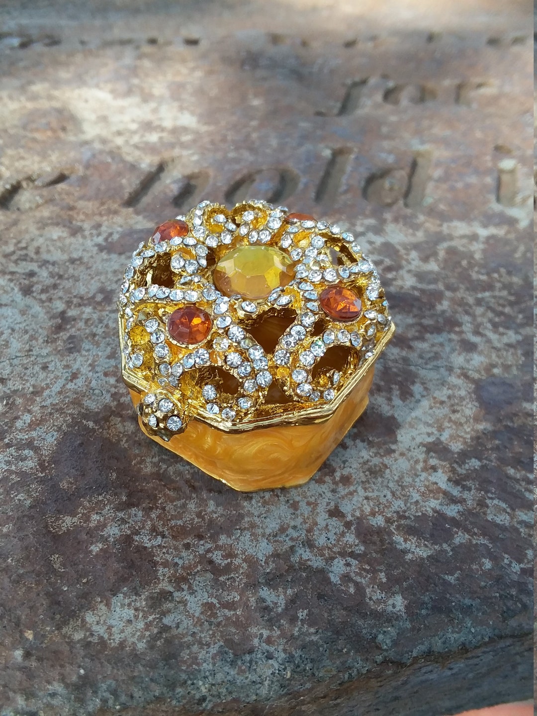 Enamel Trinket Box Gold, Amber Swarovski Crystals - Etsy