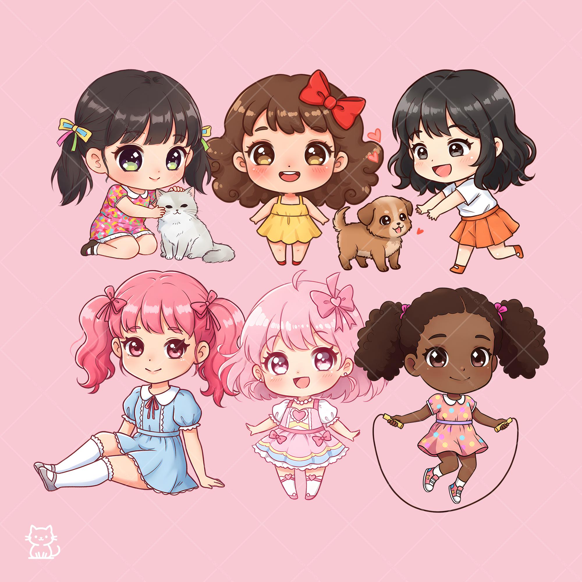 Cute Chibi Girls Clipart Bundle, PNG, Printable, Commercial Use ...