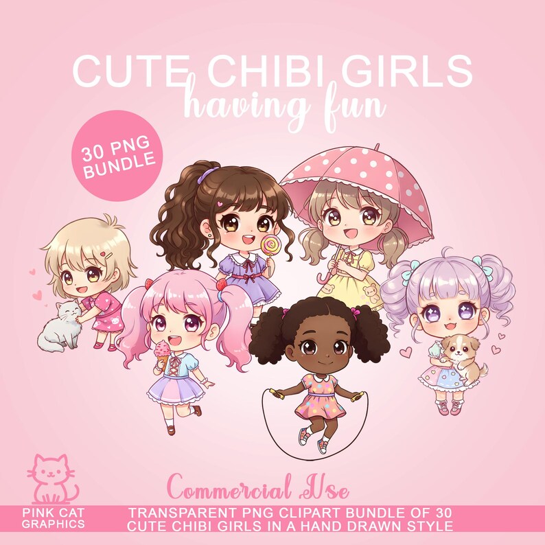 Cute Chibi Girls Clipart Bundle, PNG, Printable, Commercial Use ...
