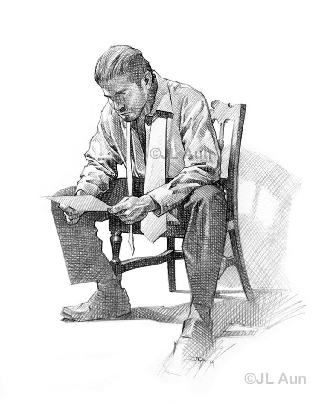 Drawing of Man Reading Print 8 X 10 Inches by JL Aun - Etsy