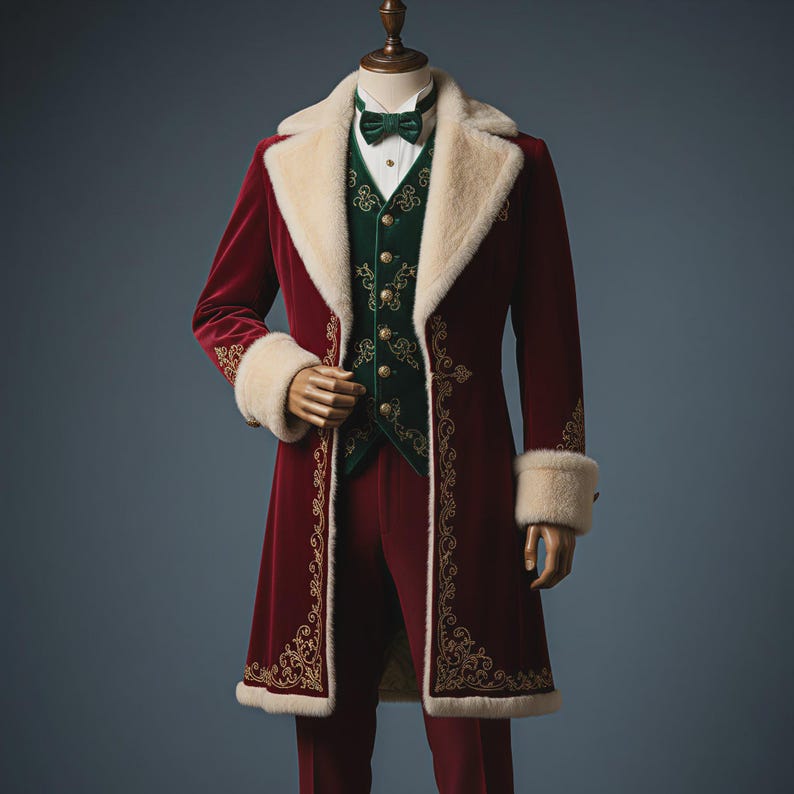 Handmade Red Velvet Christmas Coat, Gold Embriodered With Fur Trim Long ...