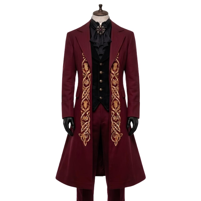 Men's Burgundy Victorian Gothic Tailcoat With Gold Embroidery ...