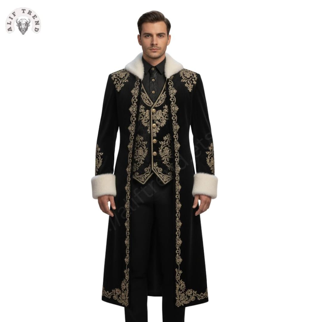 Victorian Black Velvet Christmas Coat - Gold Embroidery Overcoat, Faux ...
