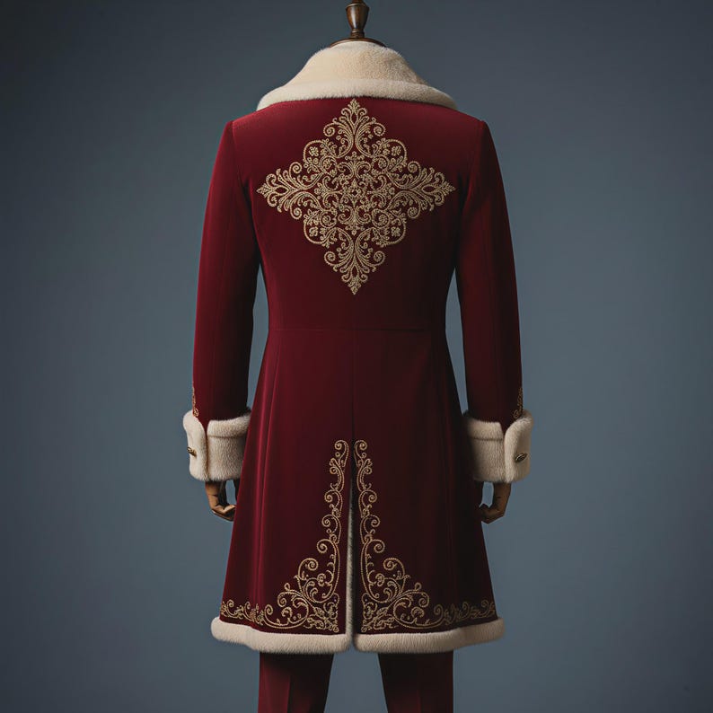Handmade Red Velvet Christmas Coat, Gold Embriodered With Fur Trim Long ...