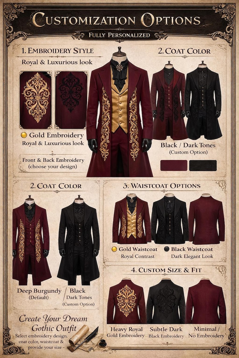 Men's Burgundy Victorian Gothic Tailcoat With Gold Embroidery ...
